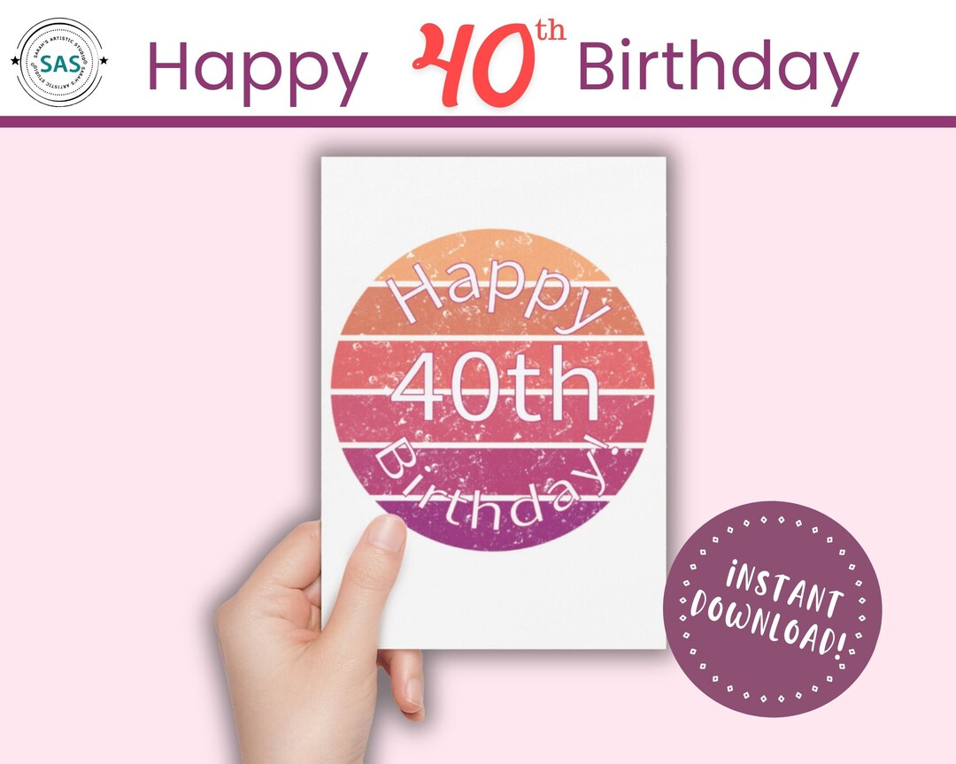 40th Birthday Card, Printable Card, Pink, Retro Sunset,distressed ...