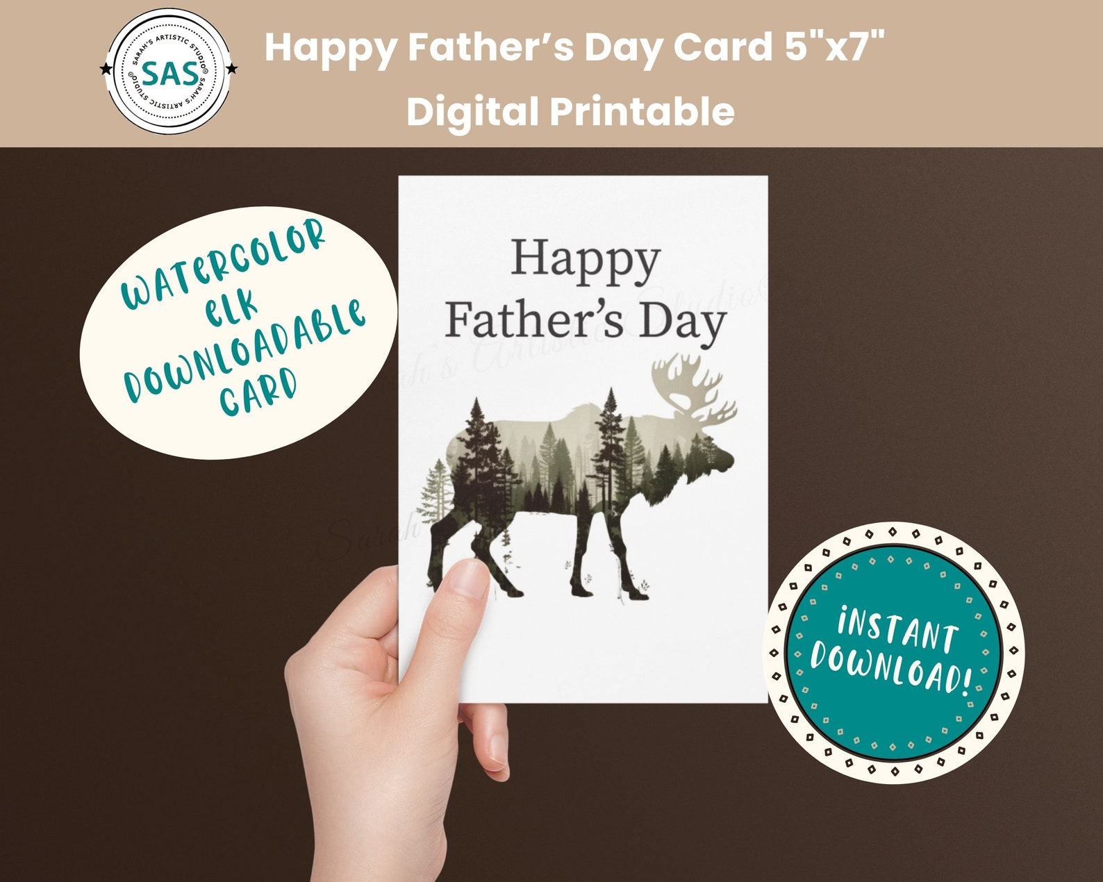 Printable Happy Father's Day Blank Elk Card, Watercolor Elk With ...