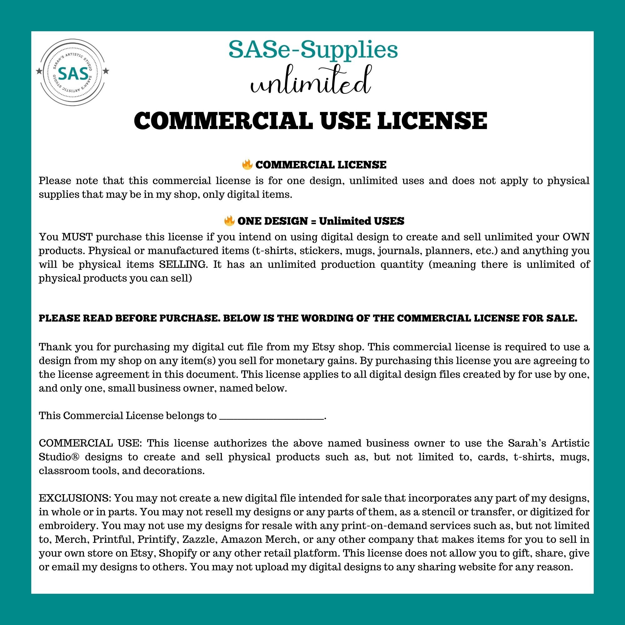 Unlimited Commercial License for Svg Designs by Sarah's Artistic Studio ...