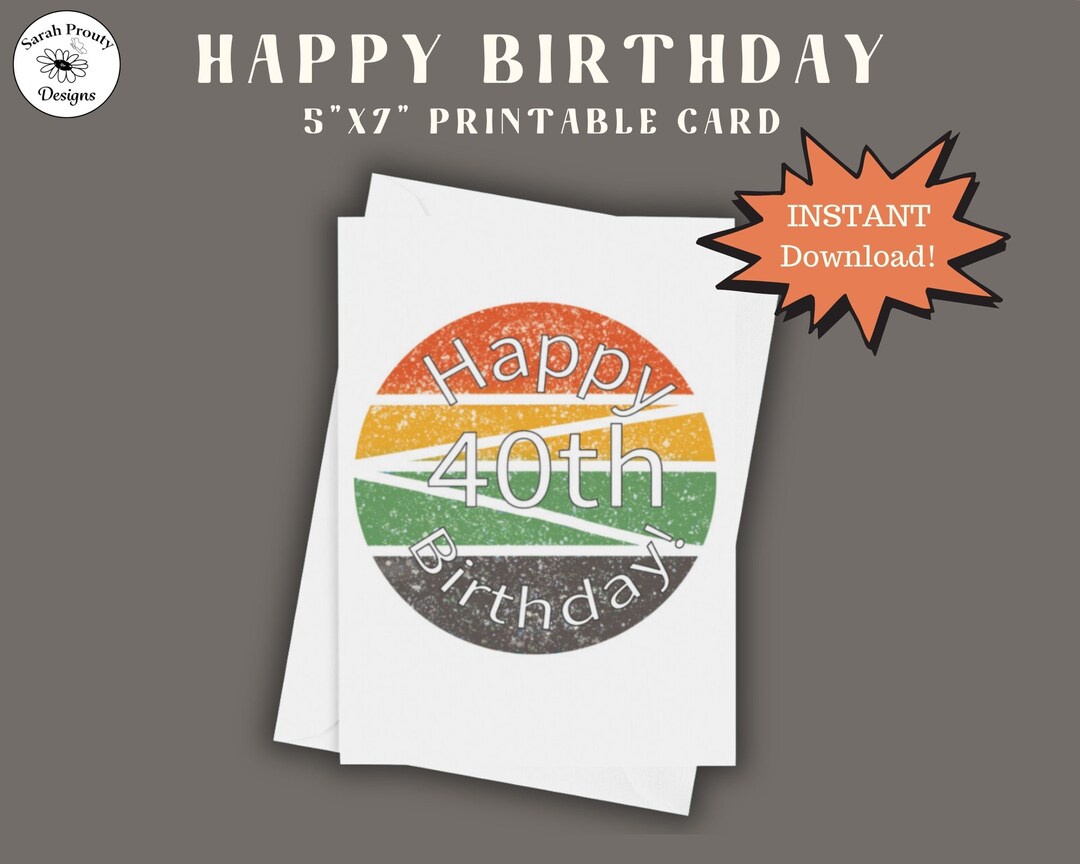 40th Birthday Card, Printable Card, Geometric, Sunset, Grunge, Graphic ...