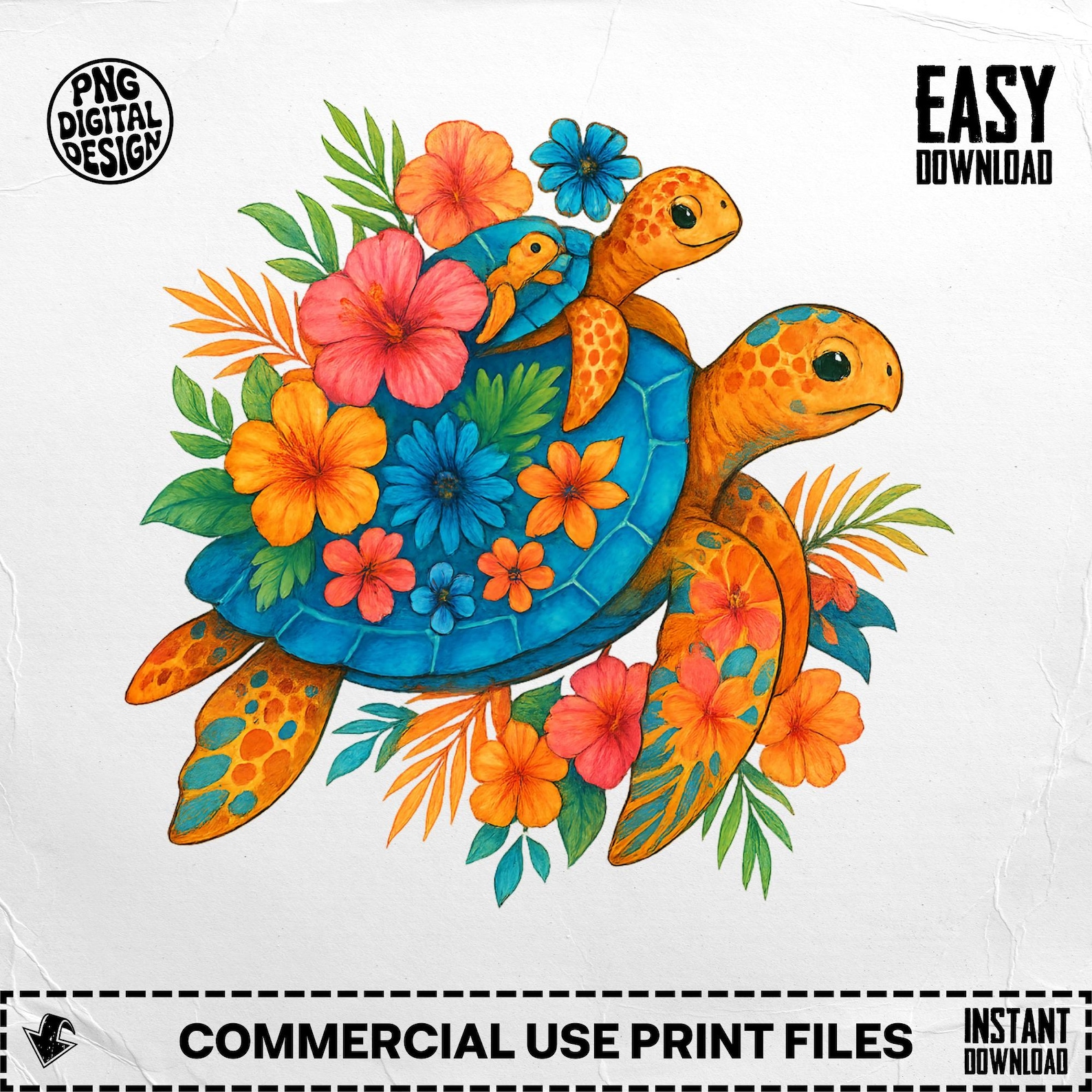 Turtle Mom PNG, Baby Turtle Clipart, Floral Sea Turtle Png, Hibiscus ...