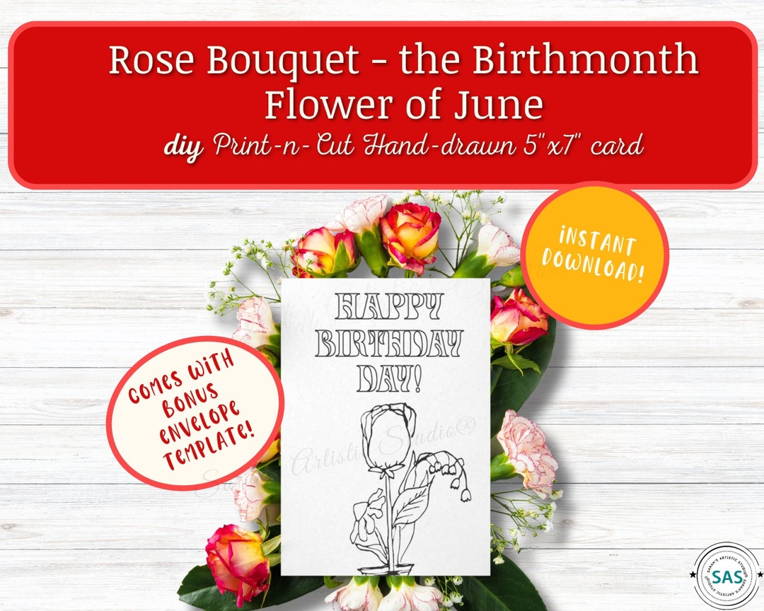 JUNE Birthmonth Flower Printable Birthday Card, Downloadable Hand-drawn ...