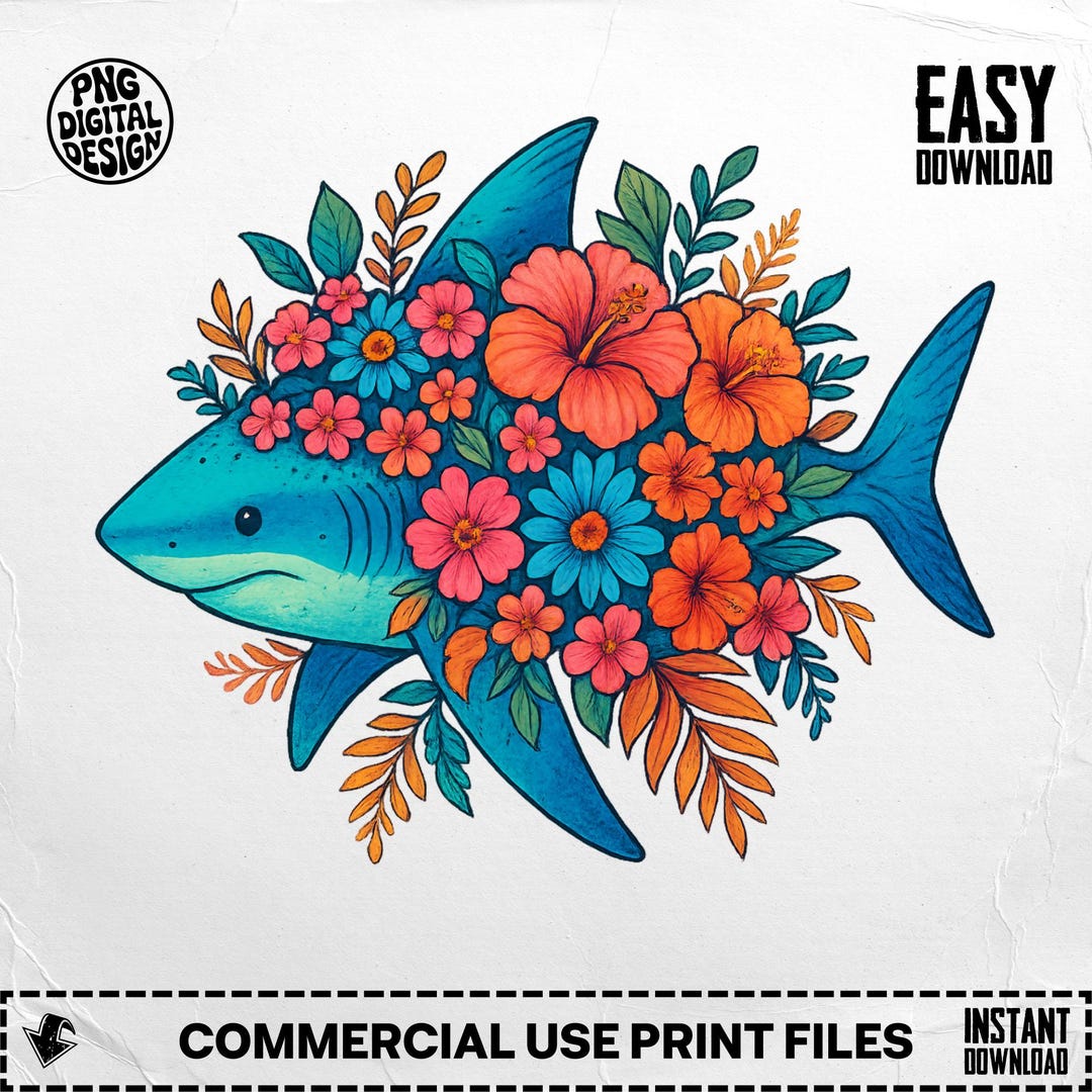 Floral Shark PNG, Shark Clipart, Flower Shark, Ocean Png, Boho Shark ...