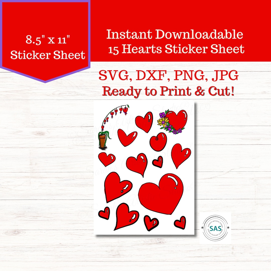 Instant Downloadable Digital Stickers Sheet, 15pc Hand Drawn Hearts ...