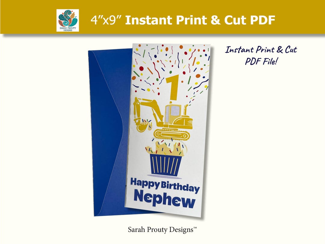First Birthday Card for Nephew, Construction Theme Printable, Bulldozer ...