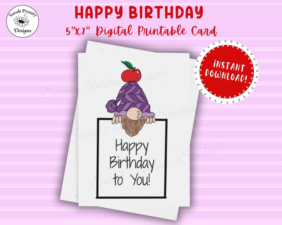 Happy Birthday, Gnome, Printable Card, Happy Birthday Card, Gift for ...