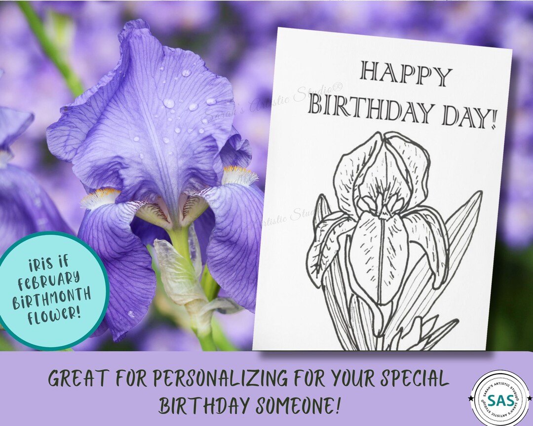 Printable Happy Birthday Card, Hand Drawn February Iris Birthmonth ...