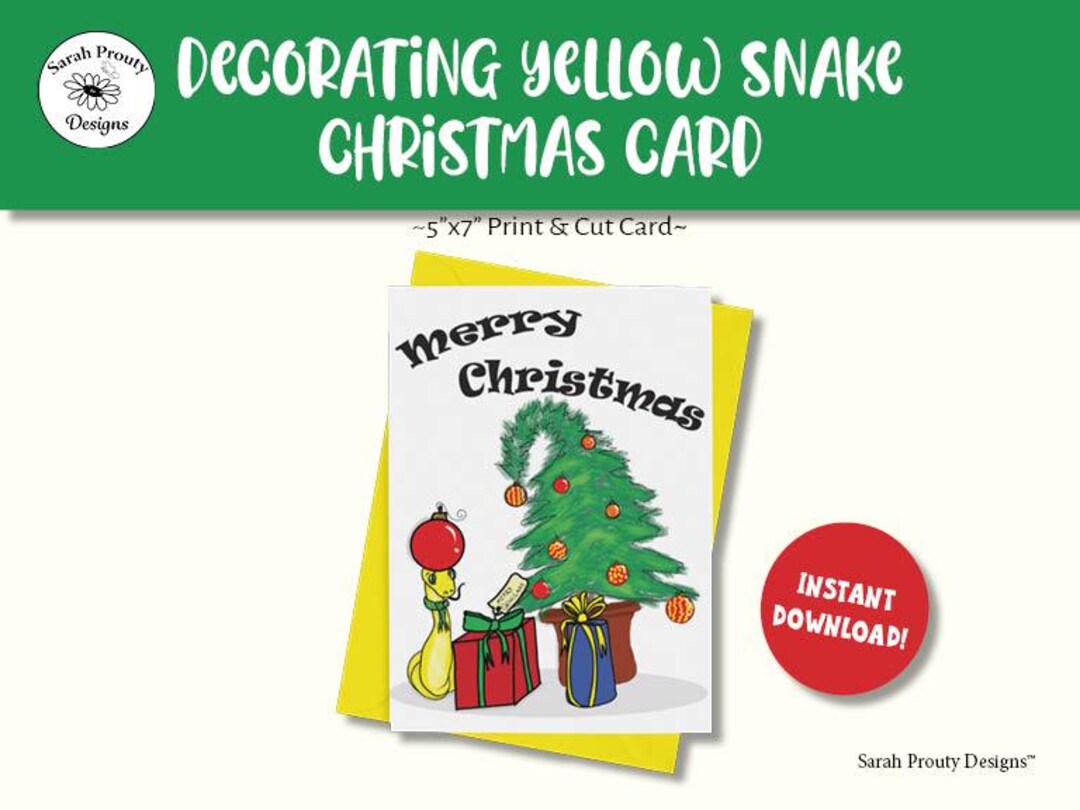 Slithering Merry Christmas Card, Snake Lover Card, Yellow Snake, Snake ...