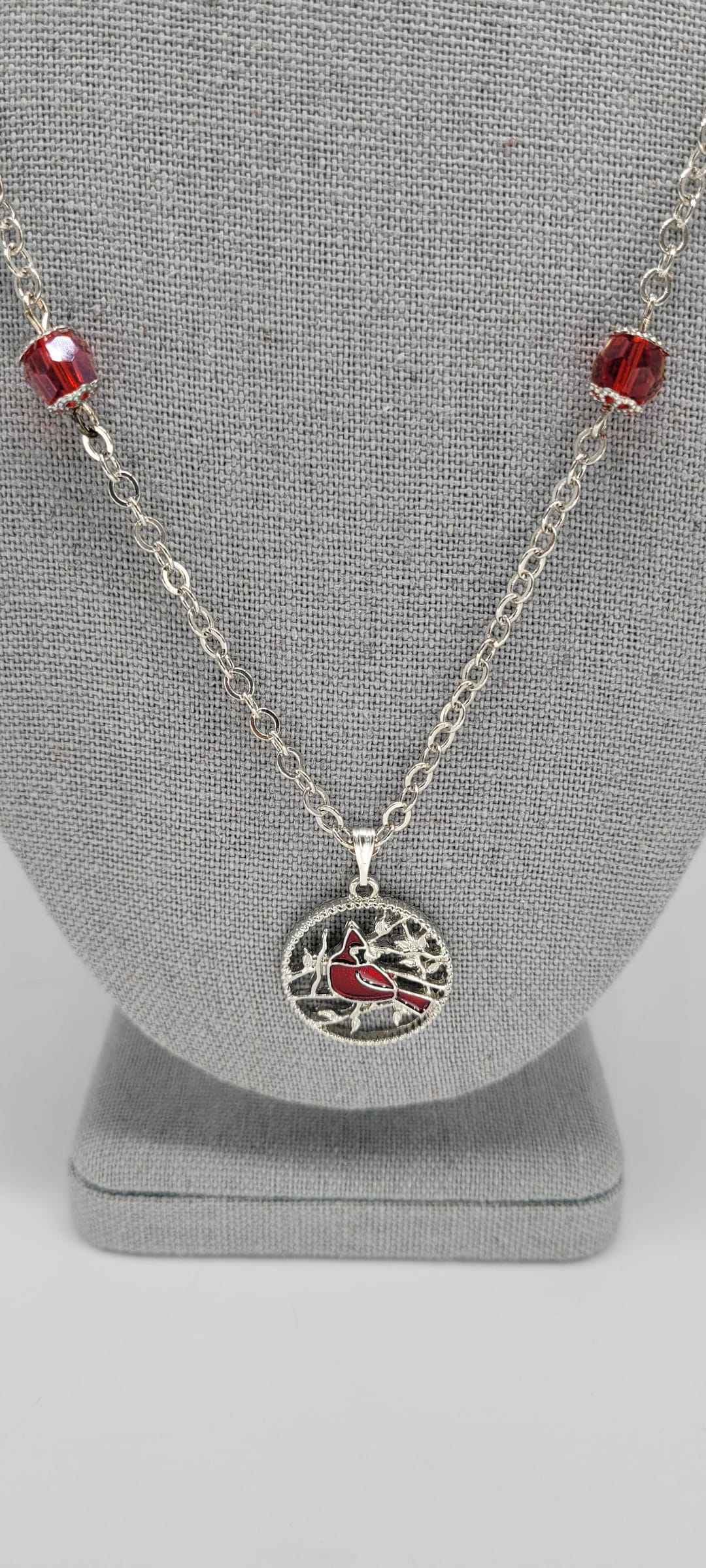 Red Cardinal Bird Silver Pendant Necklace Red Crystal Beads Silver ...