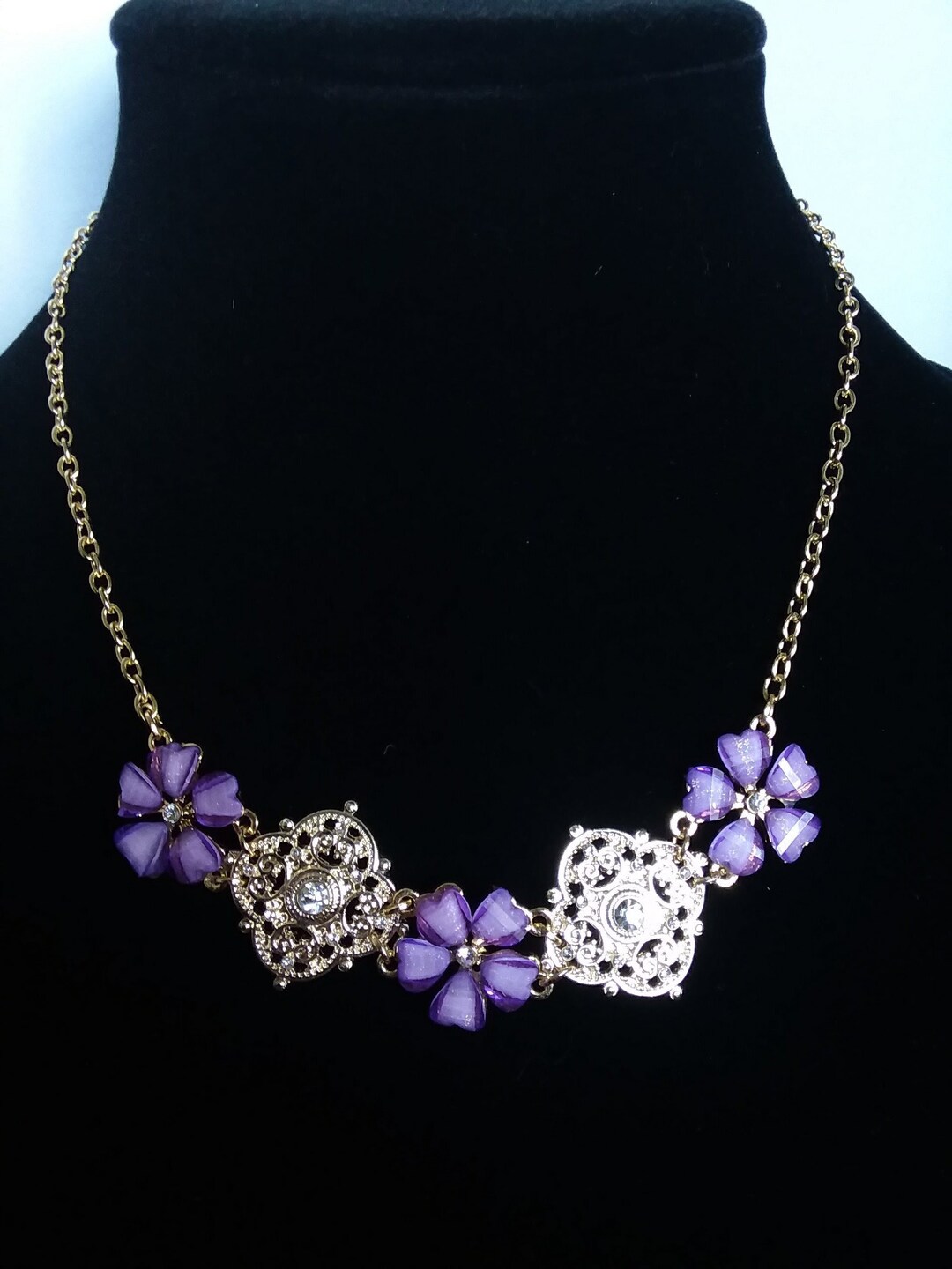 Rose Gold Crystal Purple Glitter Glass Flower Charm Necklace Gold Chain ...