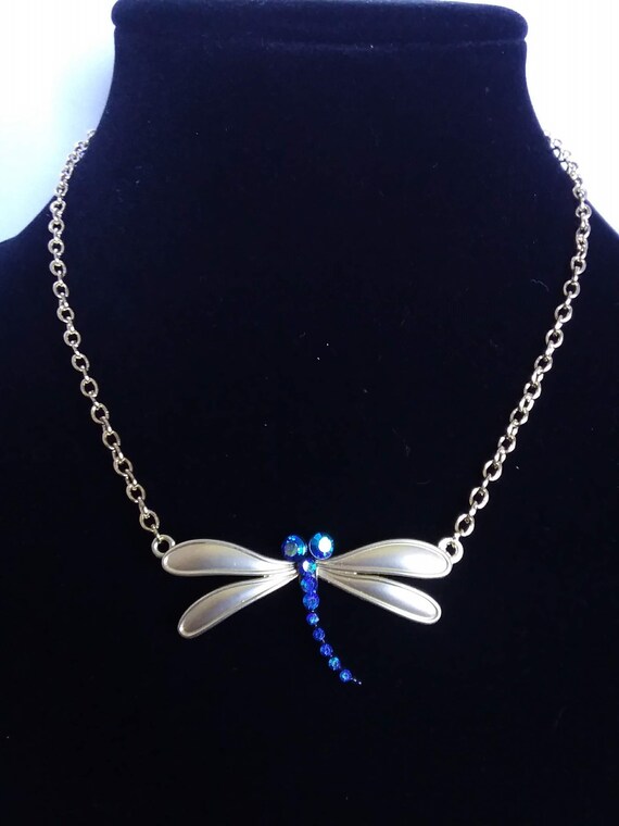 Metallic Gold Wing Dragonfly Blue Crystal Rhinestone Pendant | Etsy