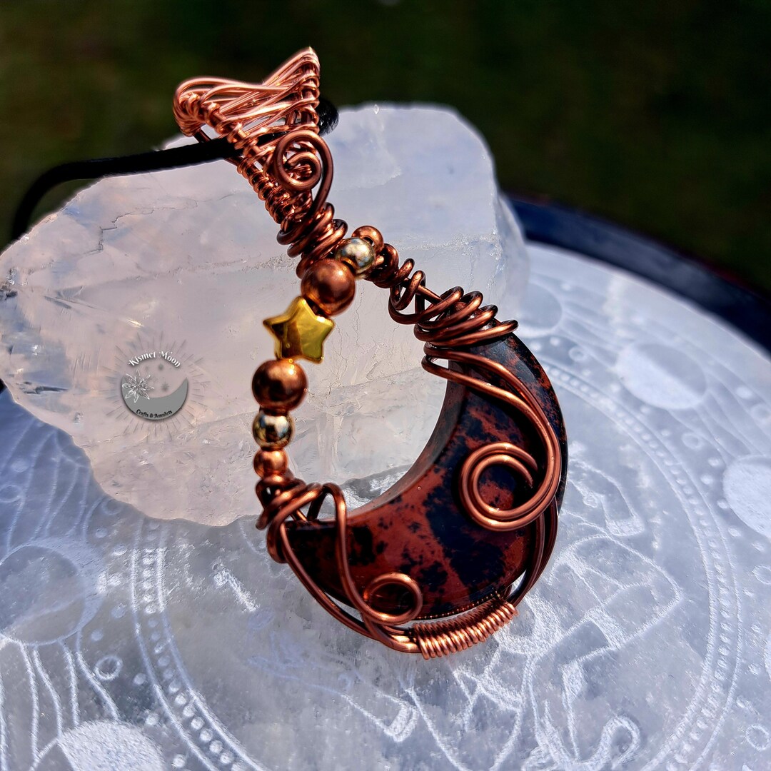 Crescent Moon, Wire Wrapped Pendant, Mahogany Obsidian Crystal Necklace ...