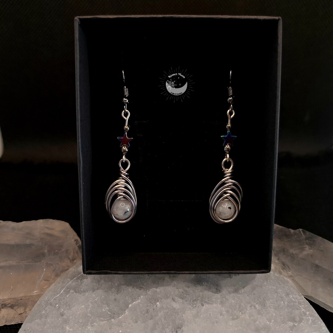 White Moonstone Herringbone Wire Wrapped Earrings: Handmade Crystal ...