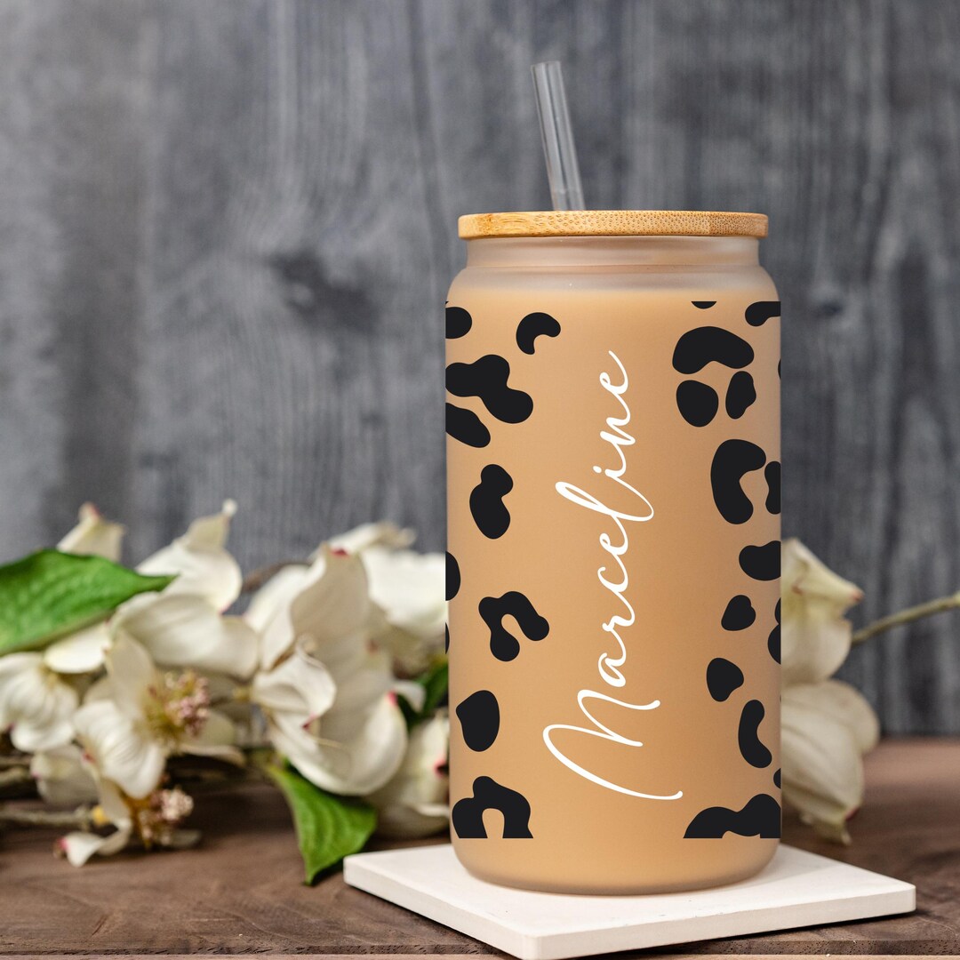 Leopard Iced Coffee Cup, Personalized Name Iced Coffee Glass, Cheetah ...