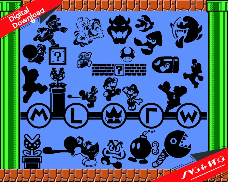 Super Mario 30 Pk SVG and PNG Silhouettes Vectors Images for Cricut or ...
