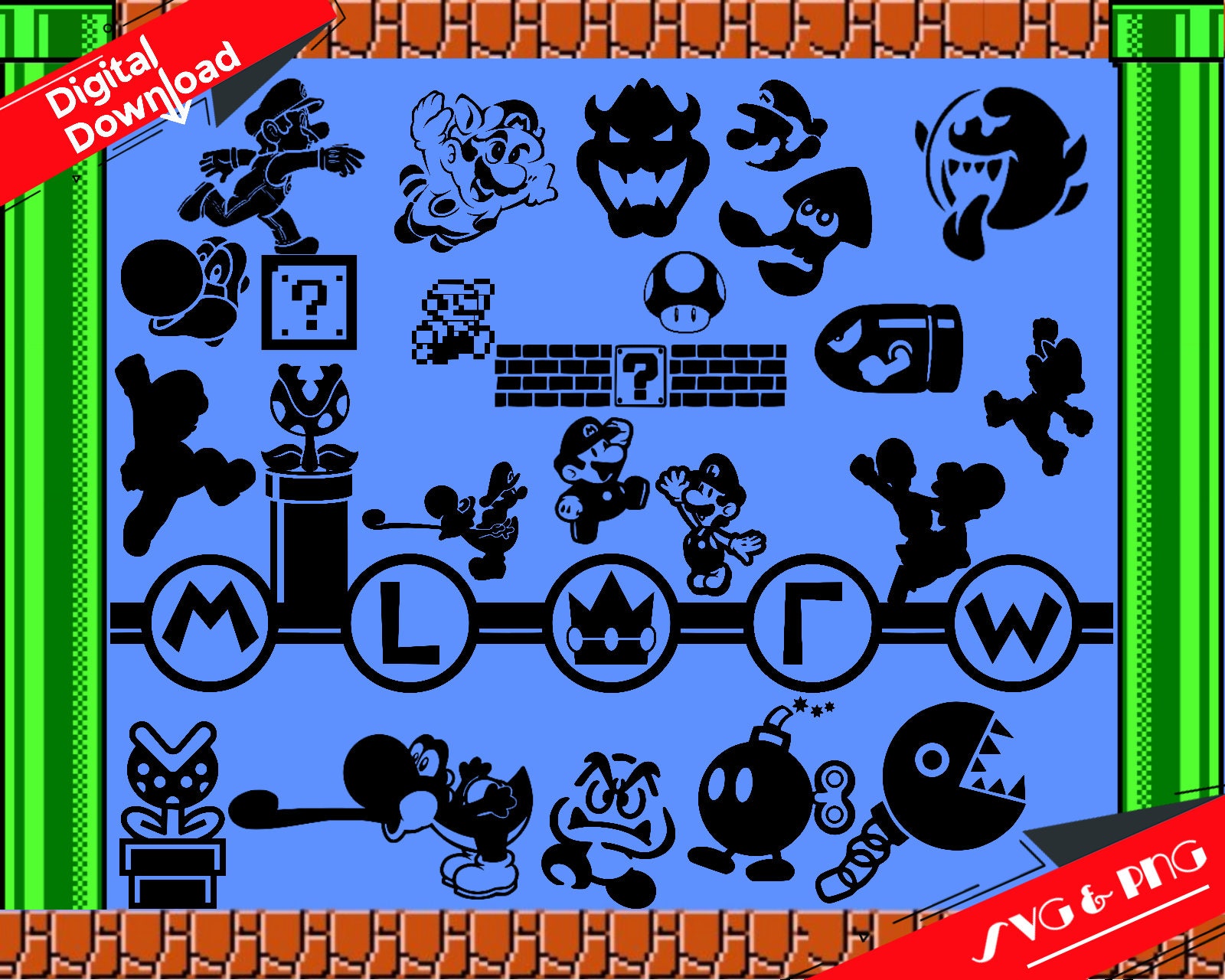 Super Mario 30 Pk SVG and PNG Silhouettes Vectors Images for - Etsy