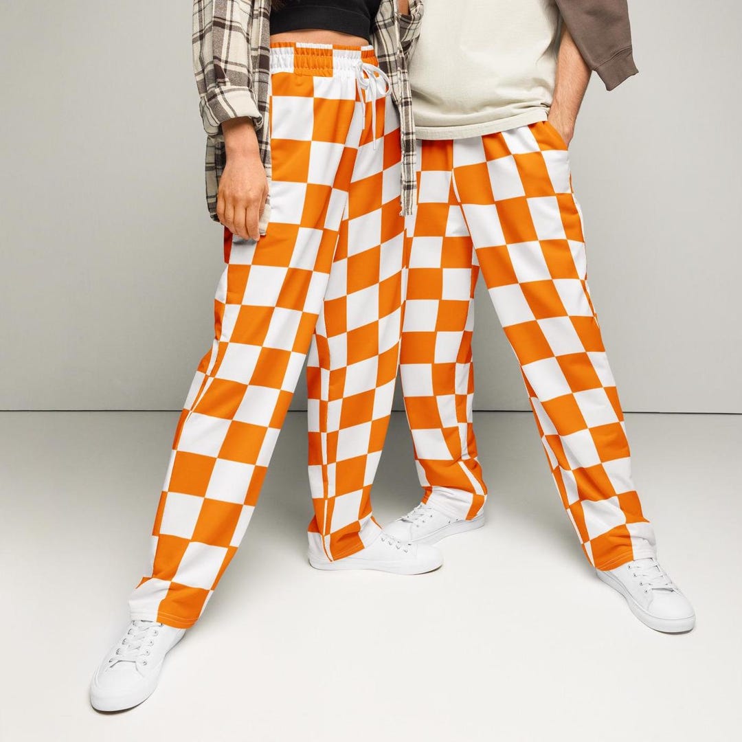 Orange & White Checkerboard Sweatpants - Retro Jogger, Wide Leg Stretch ...