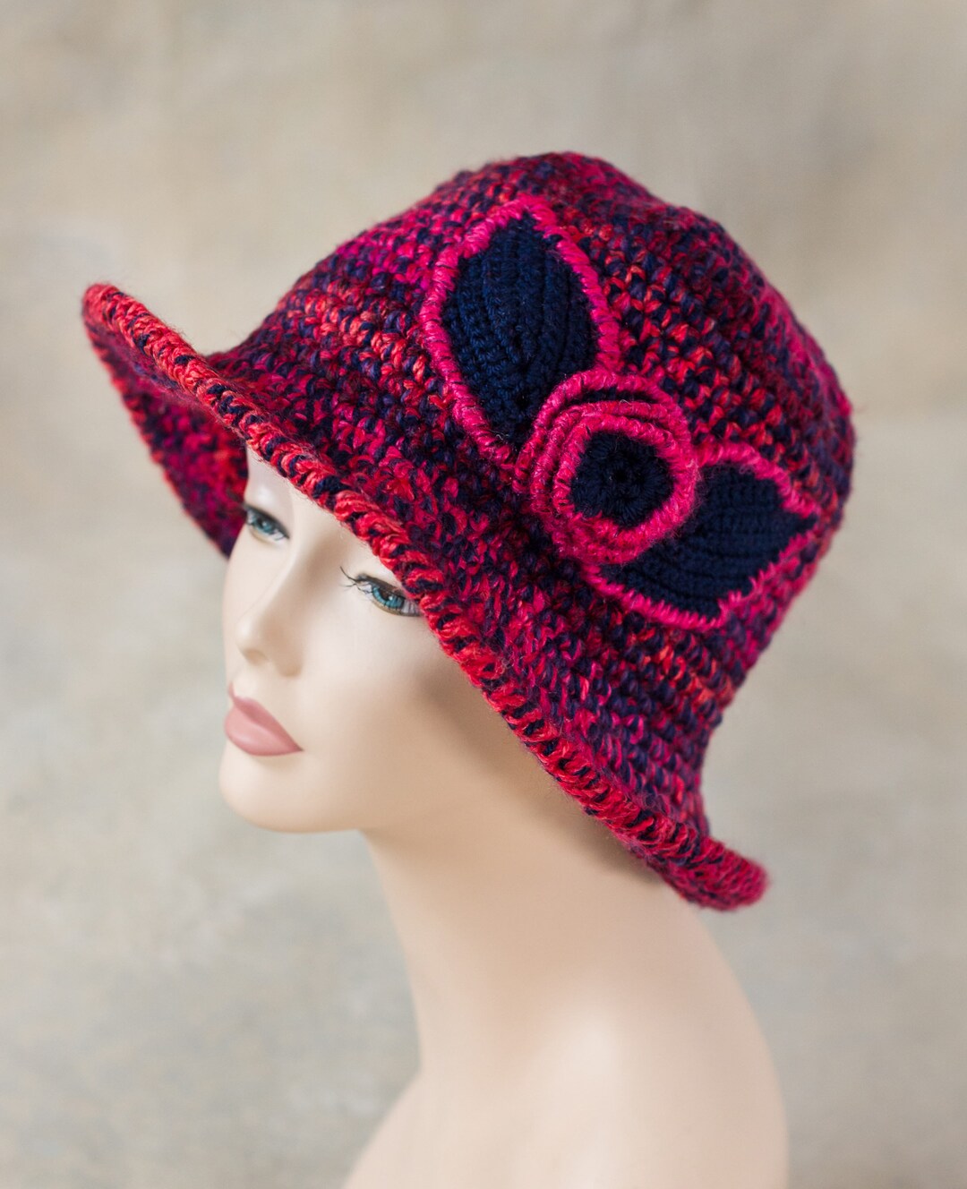 Crochet Ladies Cloche Hat, Vintage Style Red Slouchy, Winter Cloche Hat ...