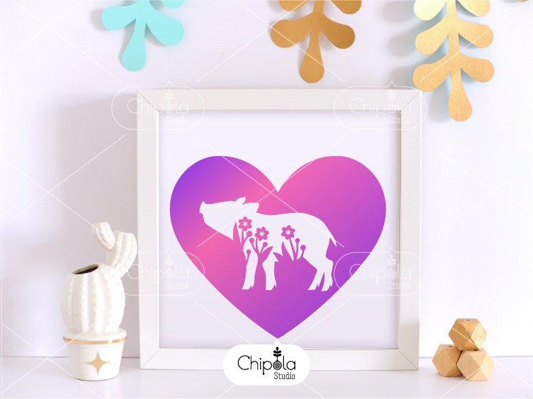 Mini-pig Floral Heart SVG Vector Cut File, Floral Heart Papercut, Cute ...