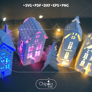 3D Christmas Houses and Trees Template SVG, Decoration Lantern Paper ...