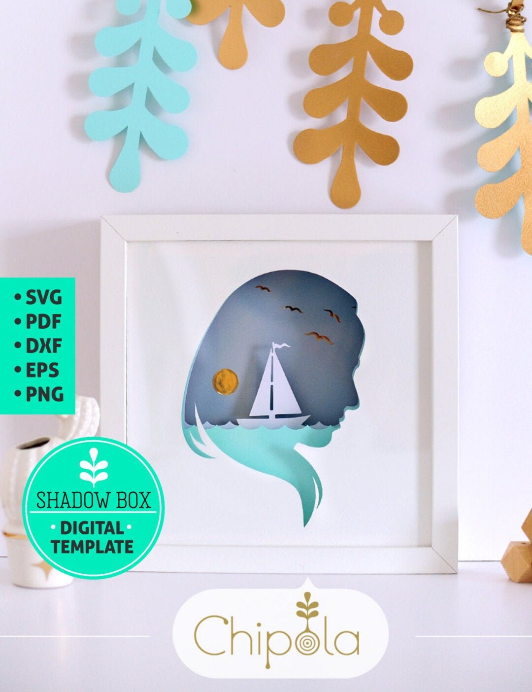 Woman Portrait Sea Shadow Box SVG, 3d Papercut SVG, Layered Paper Art Template, Scroll Saw ...