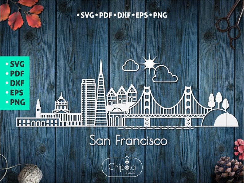 San Francisco Skyline SVG Vector Cut File, Golden Gate Bridge Cityscape ...