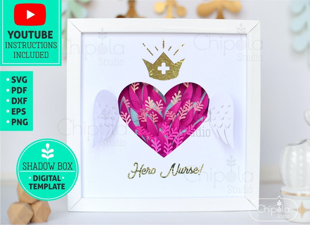 Heart Shadow Box for Nurses SVG, 3d Papercut, Heart With Wings Template ...