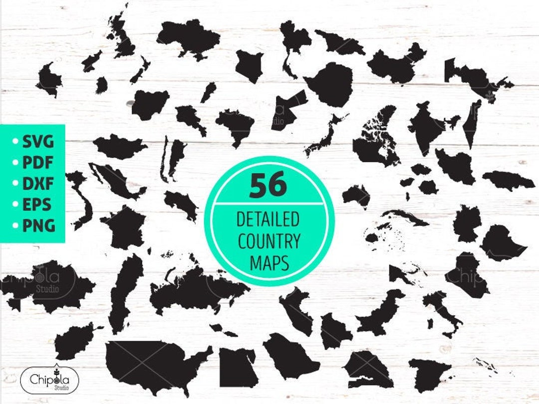 56 Detailed Country Maps SVG Cut File, World Map, USA, Canada, United ...