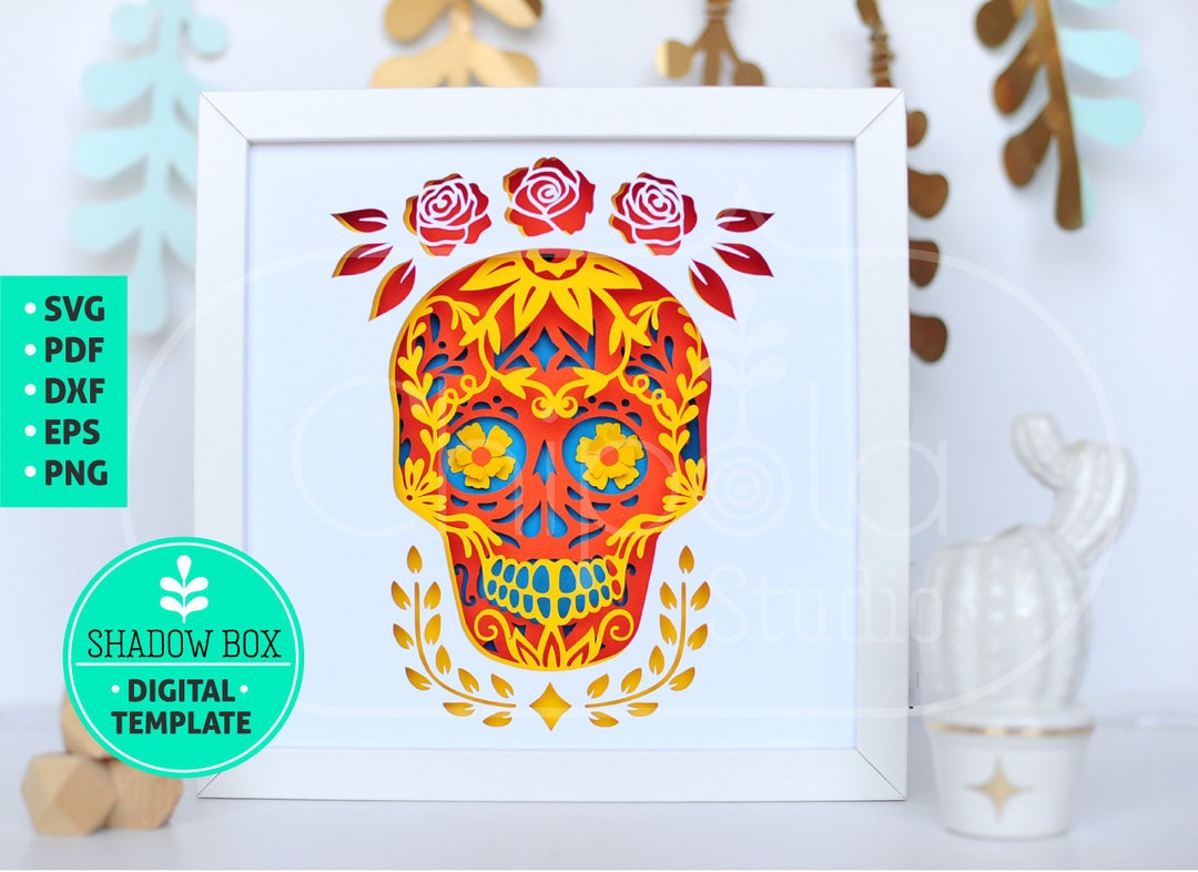 Sugar Skull Shadow Box Svg Day Of The Dead Art With Led Light Calavera 3d Papercut Layered