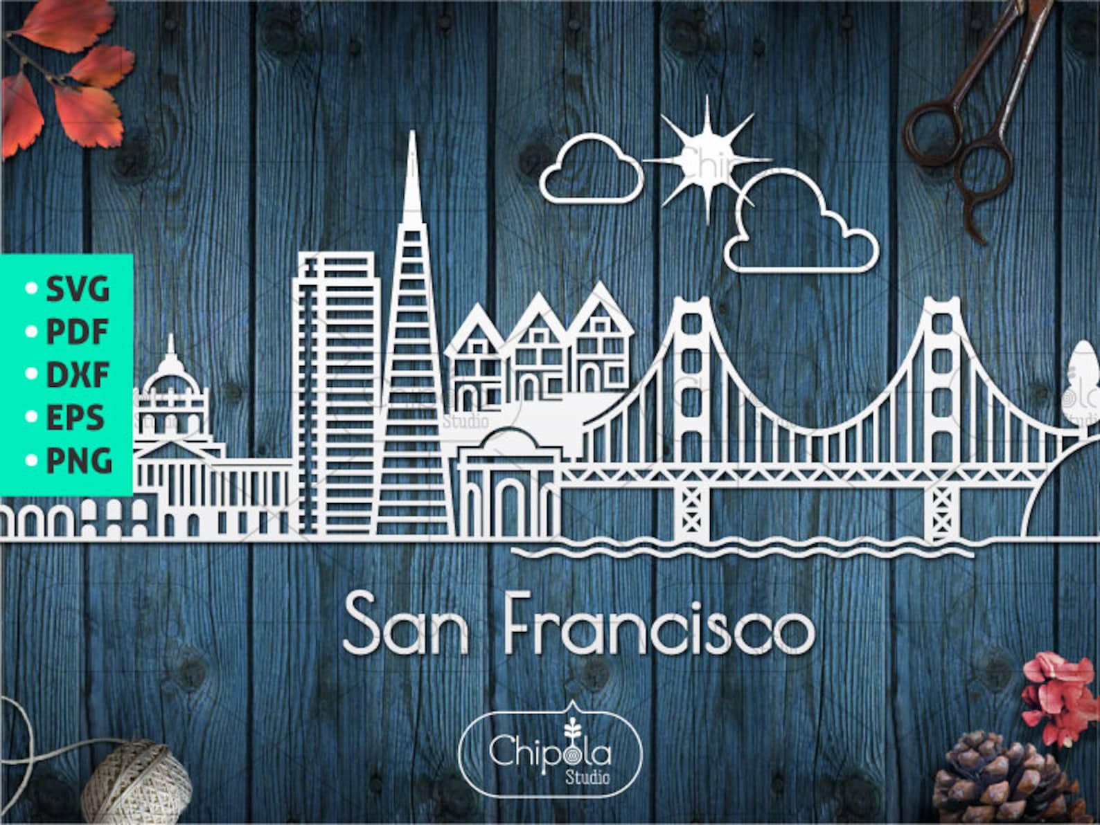San Francisco Skyline SVG Vector Cut File, Golden Gate Bridge Cityscape ...