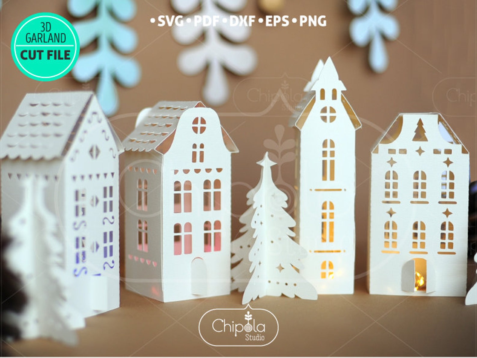 3D Christmas houses and trees template SVG decoration Lantern | Etsy