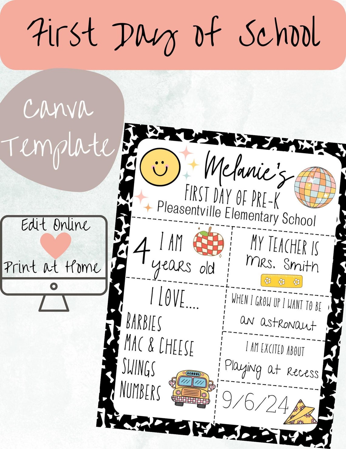 Editable Retro Back to School Sign Template, Back to School, Student ...