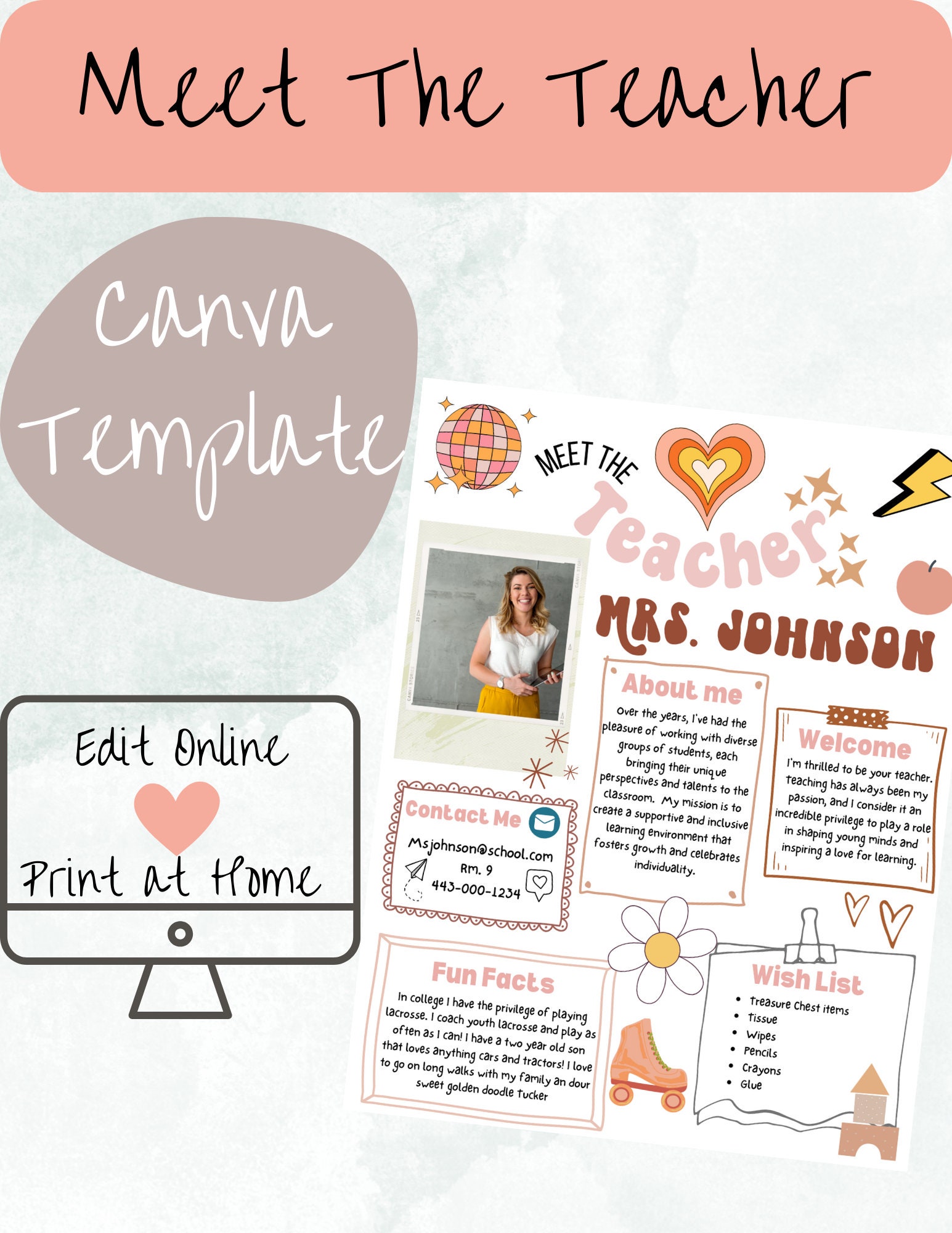 Editable Retro Meet the Teacher Template, Back to School, Teacher Info ...