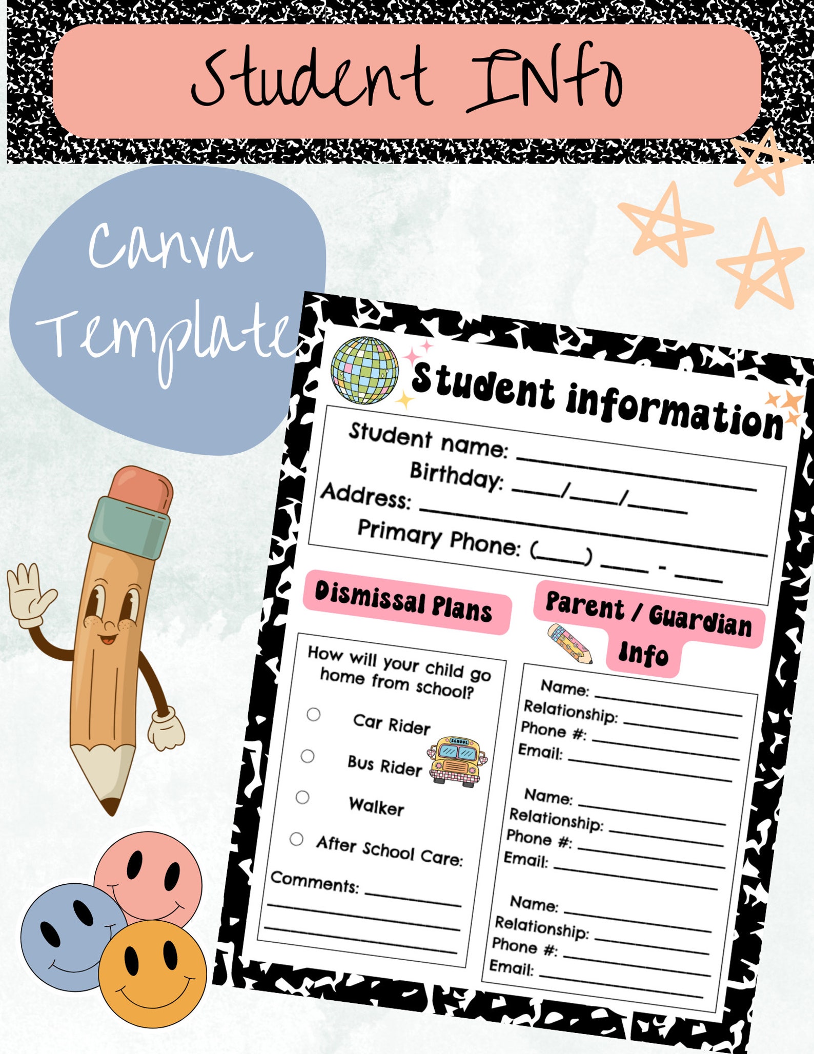 Retro Student Information Sheet, Editable Canva Template (instant ...