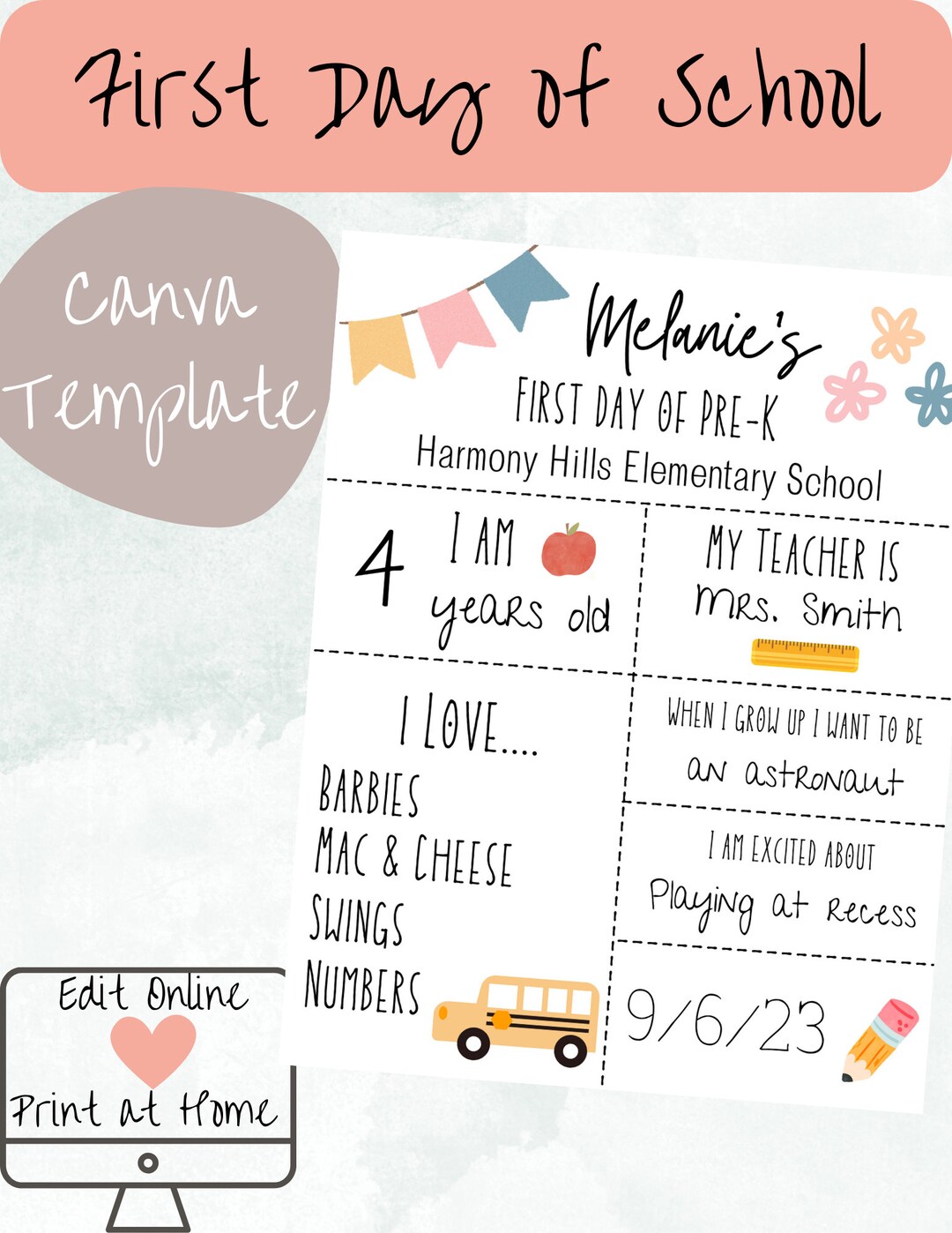 First Day of School Printable Sign | Editable Back to School Sign ...