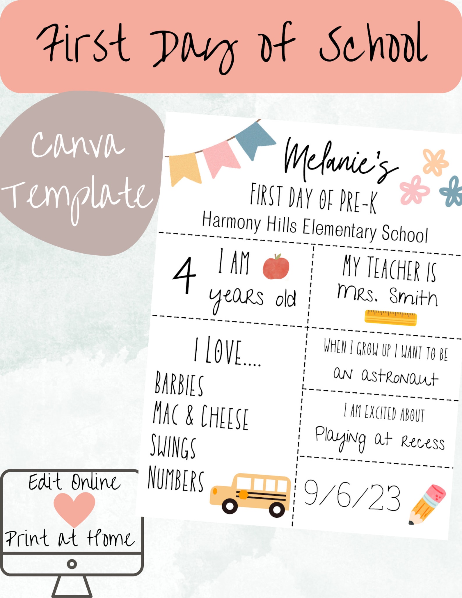 First Day of School Printable Sign | Editable Back to School Sign ...