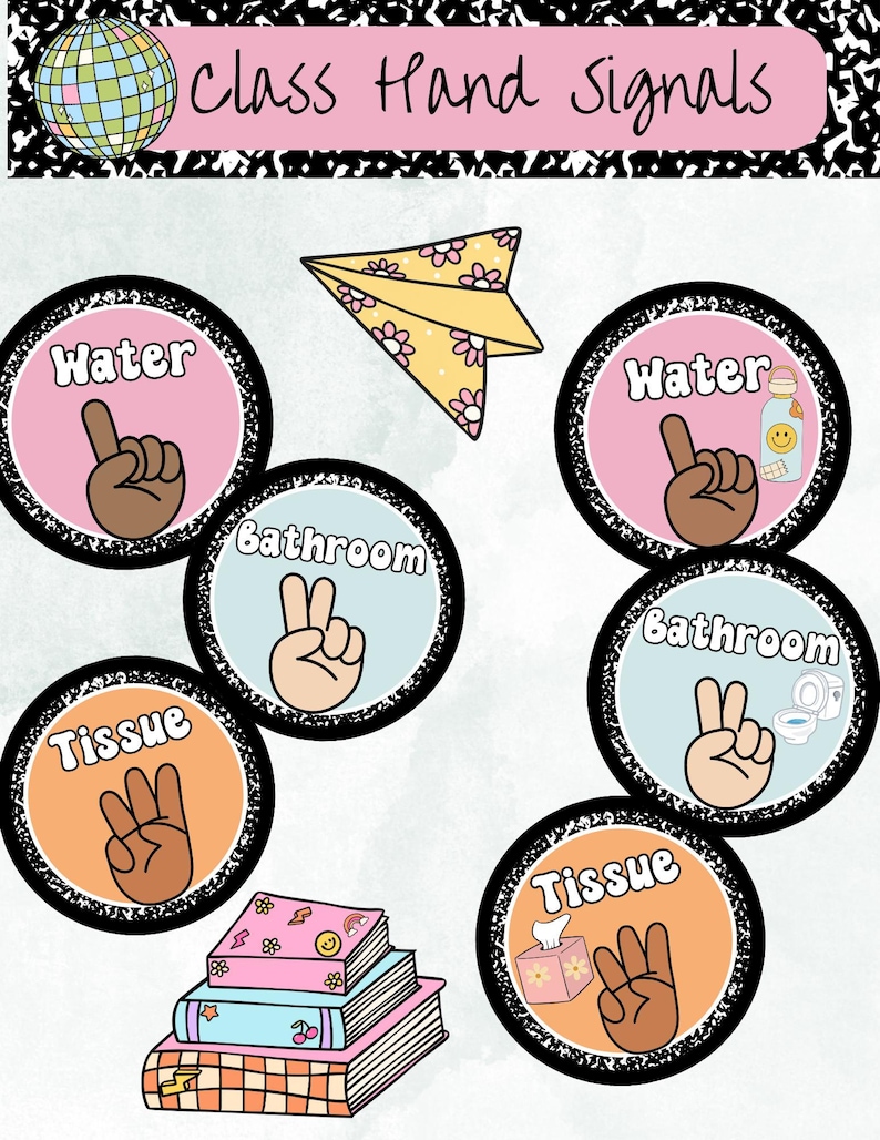 Retro Classroom Hand Signals Printable, Teacher Info (editable Canva ...