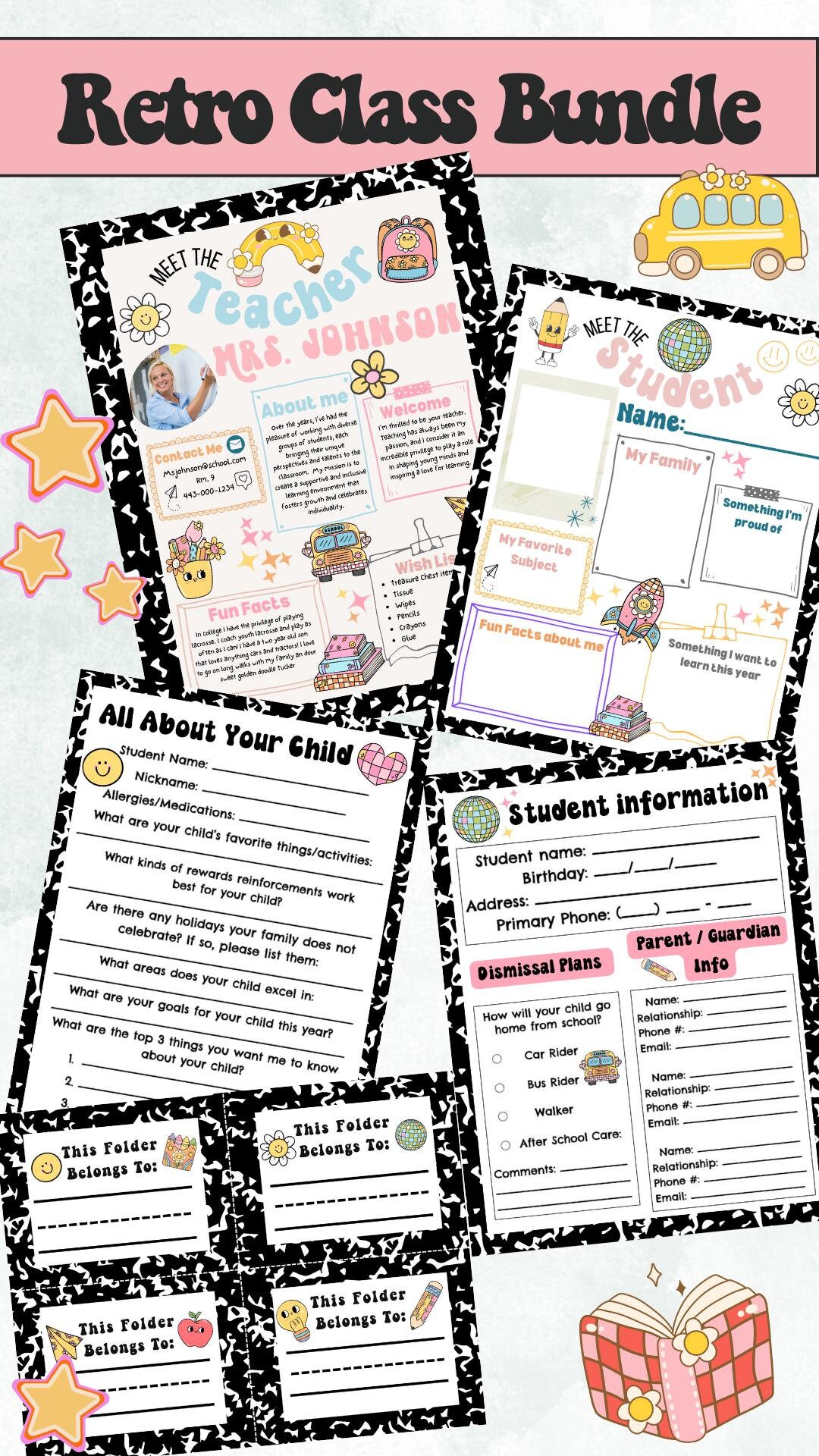 Retro Teacher Student Forms Bundle: Editable Canva Templates (digital ...