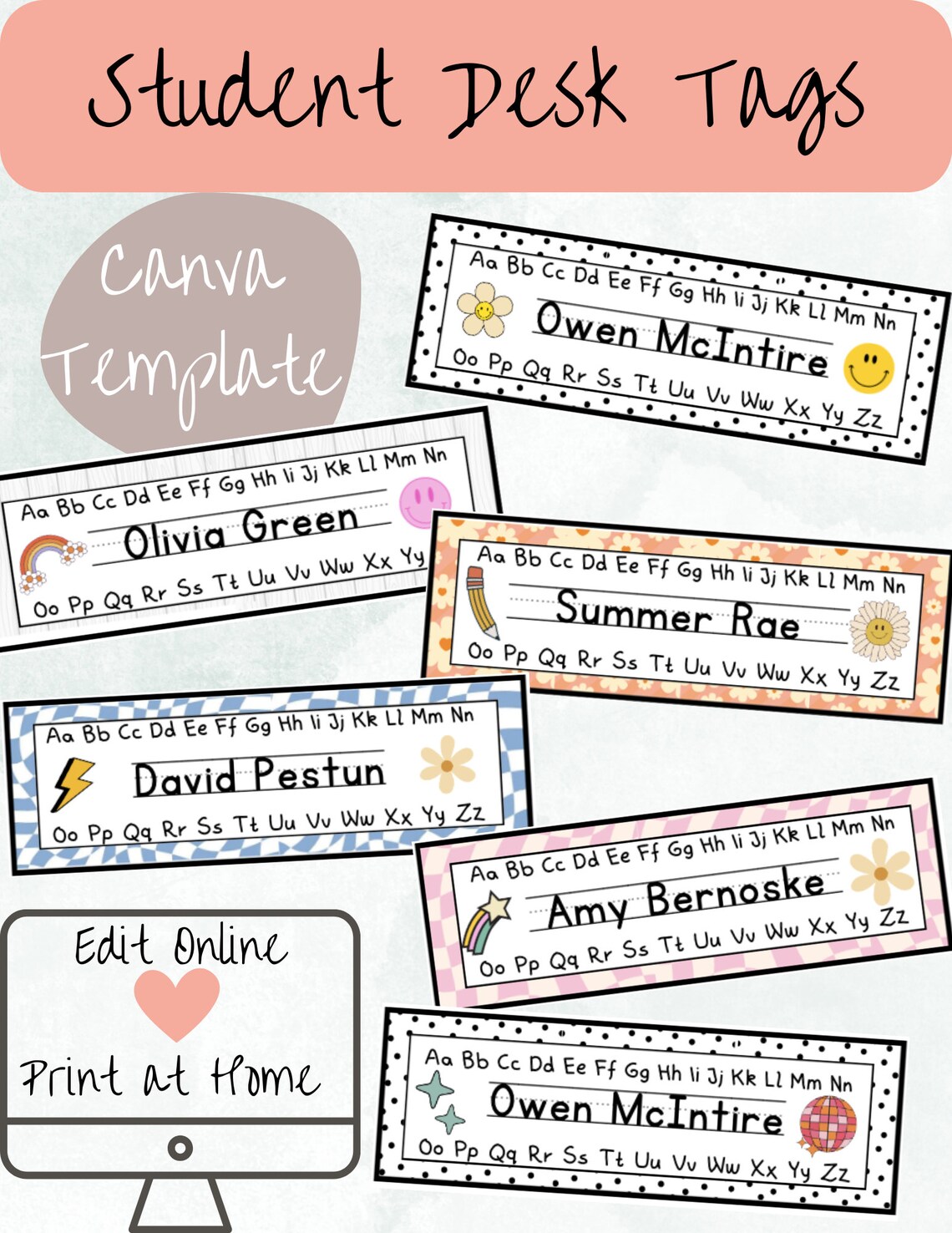 Editable Spotty Retro Student Desk Tags, Desk Plates Template, Desk ...