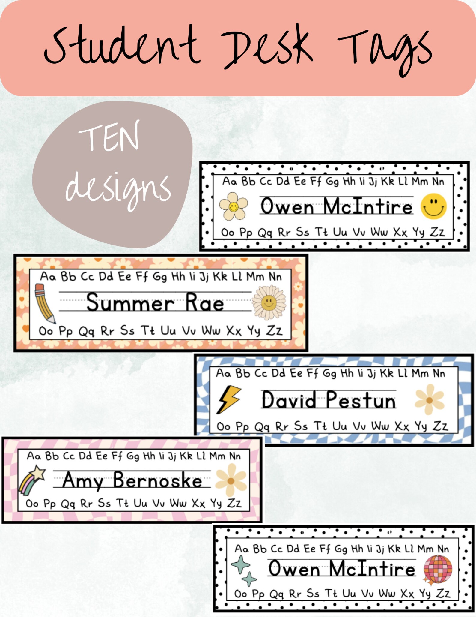 Editable Spotty Retro Student Desk Tags, Desk Plates Template, Desk ...