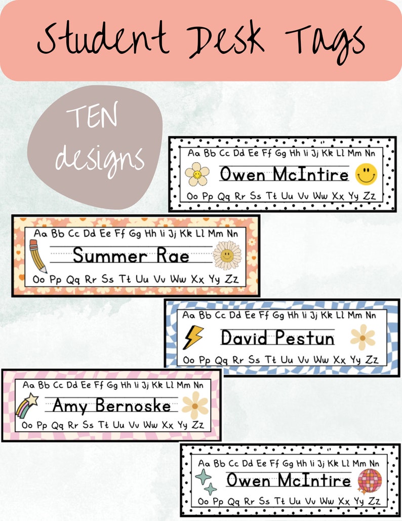 Editable Spotty Retro Student Desk Tags, Desk Plates Template, Desk ...