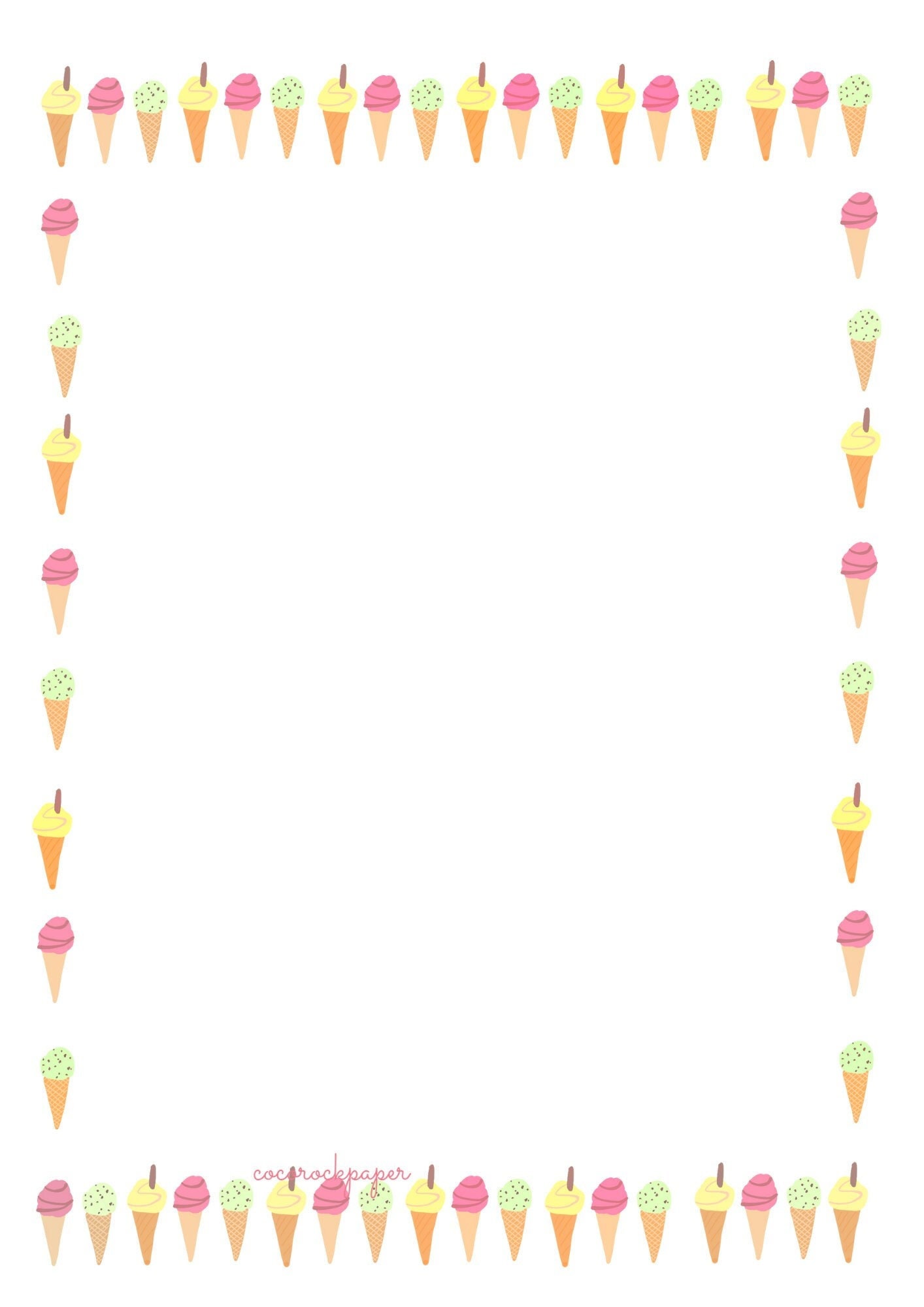 Printable Ice Cream Border - 9 Pages - Invitation Template - Pastel Ice Cream Cones Illustration ...
