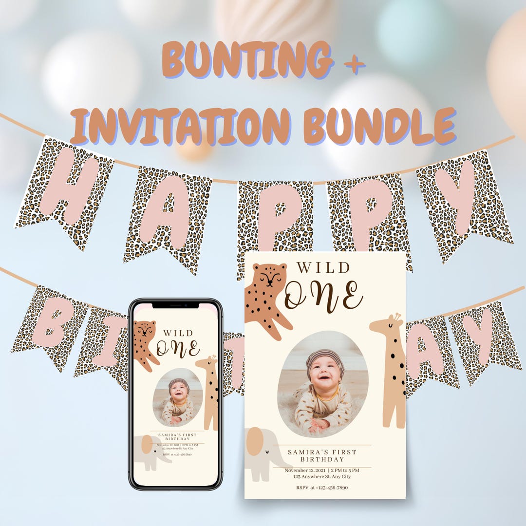 Birthday Banner Leopard Print, Invitation Editable Invite Bunting ...