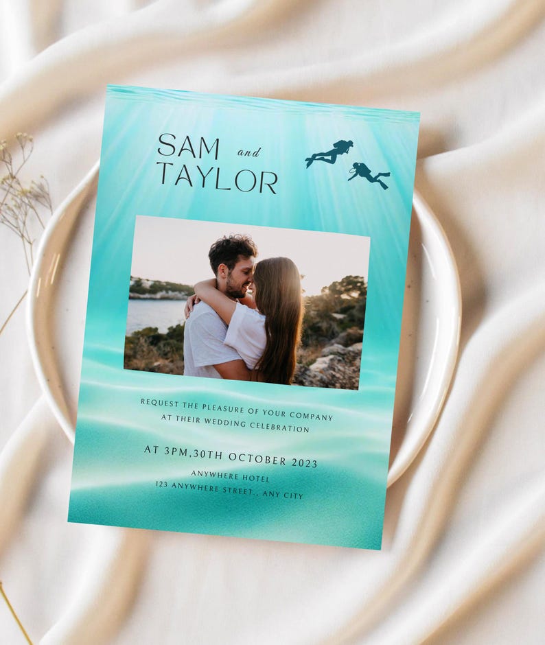 Scuba Couple Ocean Wedding Announcement PNG, Diver Save Date Engagement ...