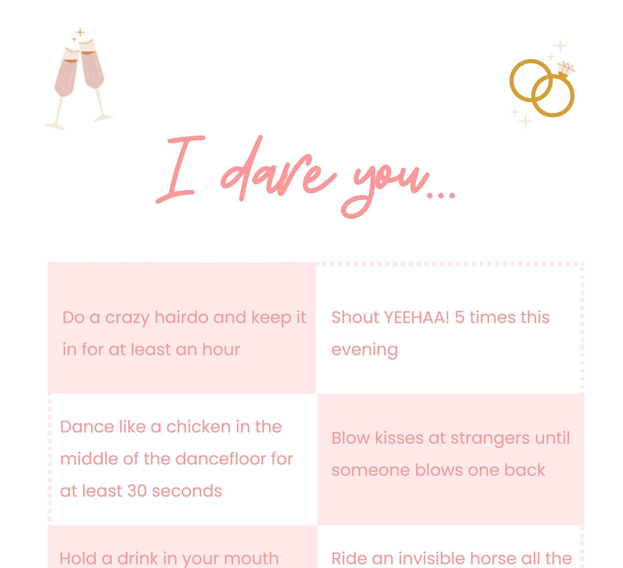 Dare Card Printable Dare Hen Party Bachelorette Game Download Bridal ...