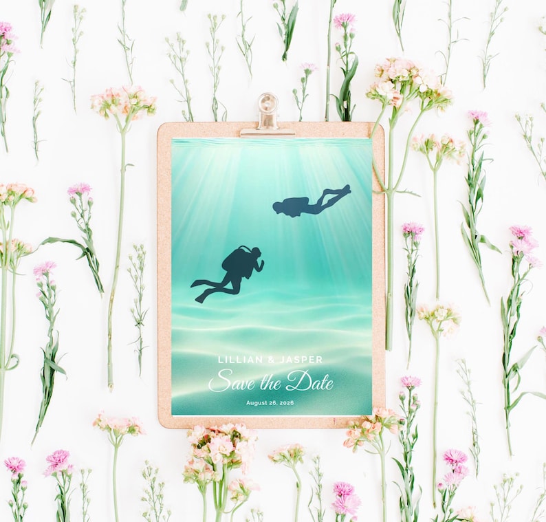 Scuba Couple Ocean Wedding Announcement PNG, Diver Save Date Engagement ...