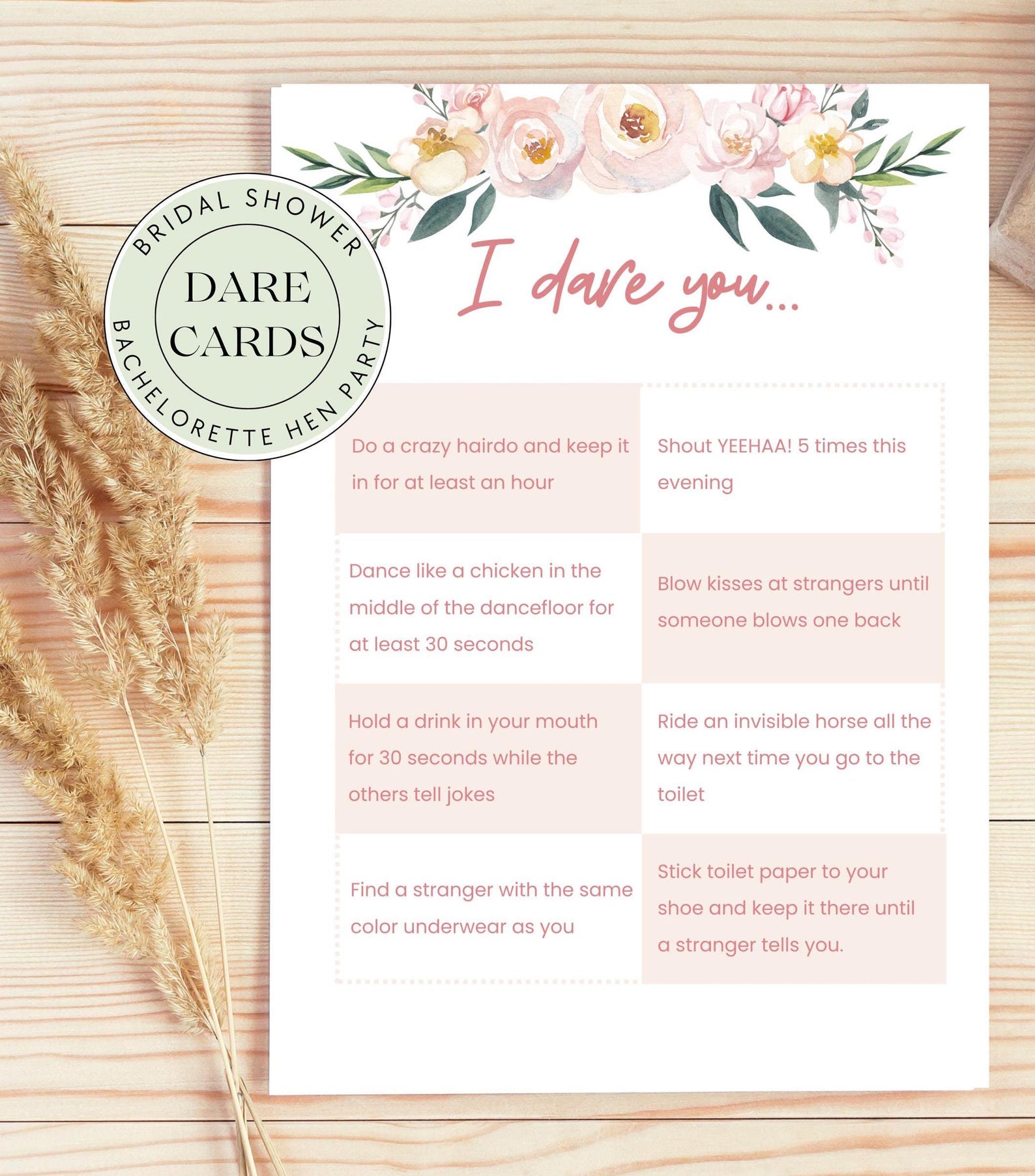 Bachelorette Dare Cards Activity Printable Hen Party Game Floral Bridal ...