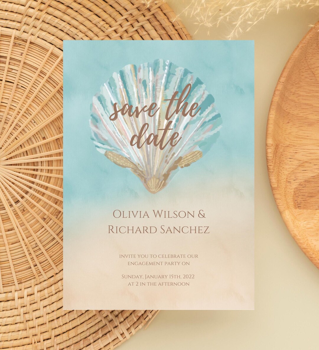 Shell Save the Date Canva Wedding PNG Blue Sea Beach Invite Watercolour ...
