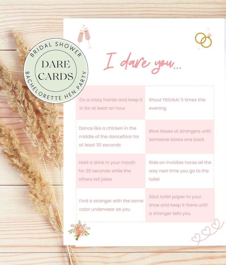 Dare Card Printable Dare Hen Party Bachelorette Game Download Bridal ...