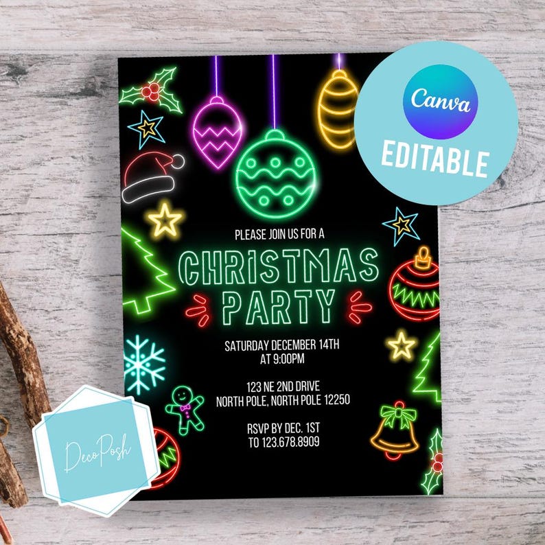 EDITABLE Neon Christmas Party Digital Invite | Glow Christmas Invite ...
